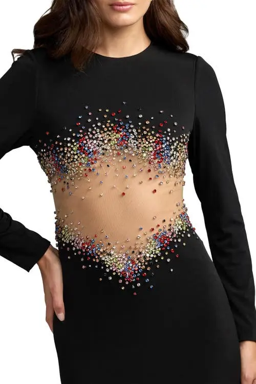 Mac Duggal Long Sleeve Sheer Detail Jersey Mermaid Gown