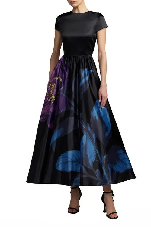 Mac Duggal Satin Cap Sleeve Floral Printed A-line Dress - Black Multi