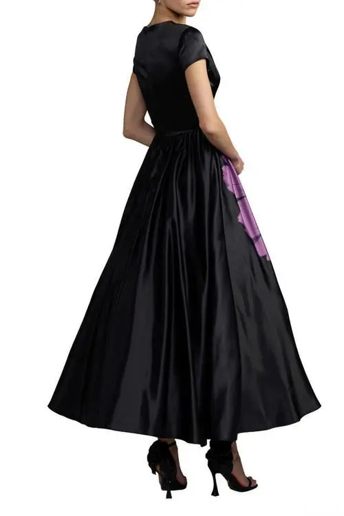Mac Duggal Satin Cap Sleeve Floral Printed A-line Dress