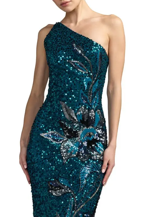 Mac Duggal One-shoulder Floral Sequin Evening Gown