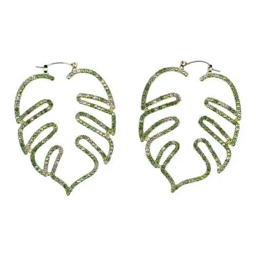 PACKED PARTY Palm Paradise Leaf Rhinestone Earringshypoallergenic Snap Lever Hoop, Gold Metal Palm Leaf With Multicolor Rhinestones - Green
