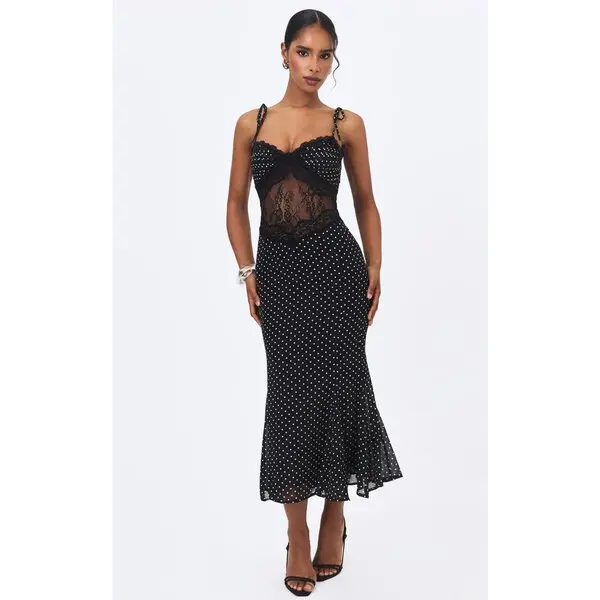 MISS CIRCLE NEW YORK Zehra Chiffon Lace Cutout Mermaid Midi Dress