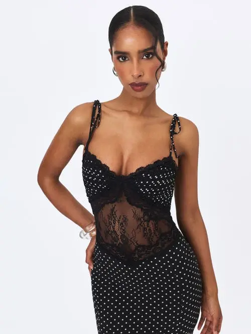 MISS CIRCLE NEW YORK Zehra Chiffon Lace Cutout Mermaid Midi Dress