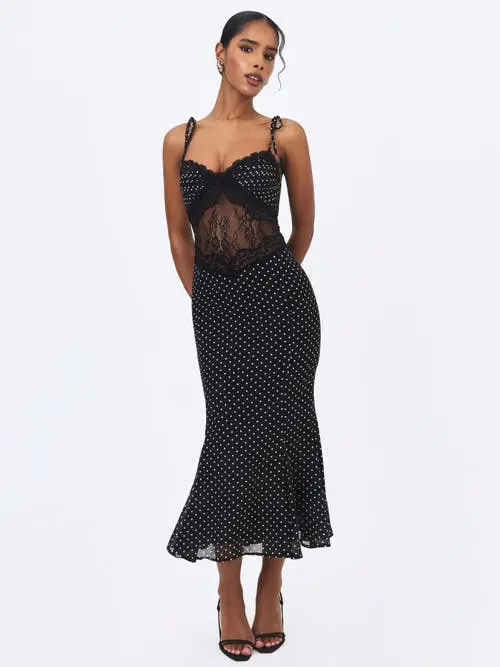 MISS CIRCLE NEW YORK Zehra Chiffon Lace Cutout Mermaid Midi Dress