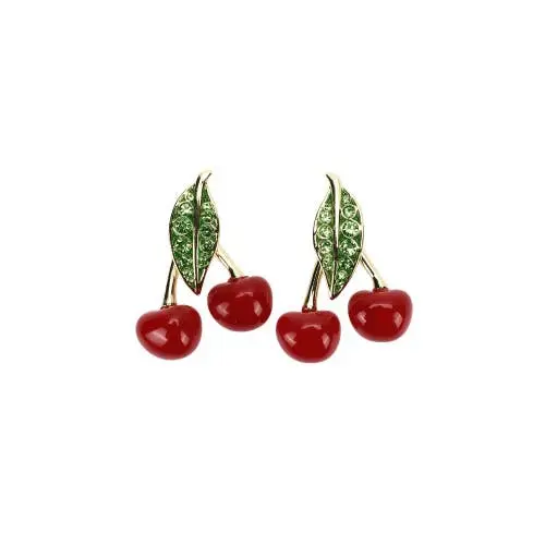 PACKED PARTY Cherry Rhinestone Drop Earringshypoallergenic Gold-tone Post With Glossy Enamel Cherries And Sparkling Stone Accents - Red