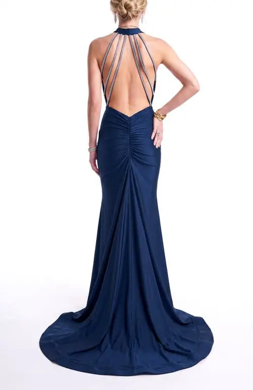 JESSICA ANGEL Rhinestone Open-back Halter Mermaid Evening Gown