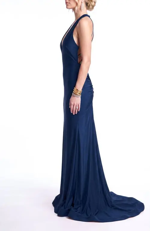JESSICA ANGEL Rhinestone Open-back Halter Mermaid Evening Gown