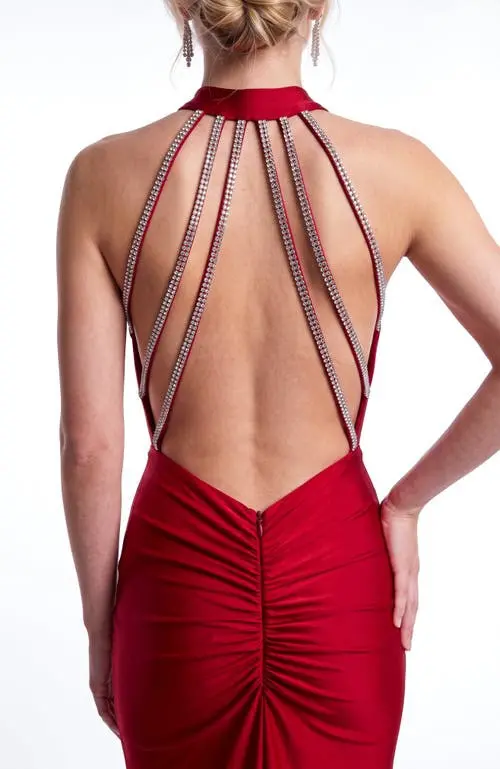 JESSICA ANGEL Rhinestone Open-back Halter Mermaid Evening Gown - Red