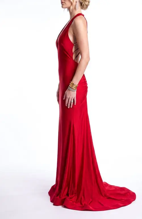 JESSICA ANGEL Rhinestone Open-back Halter Mermaid Evening Gown - Red