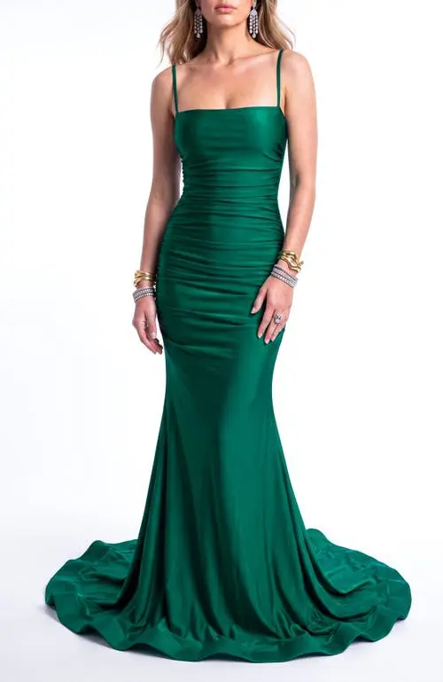 JESSICA ANGEL Ruched Lace-up Back Mermaid Evening Gown - Forest Green