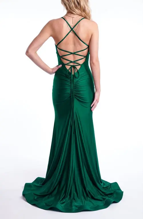 JESSICA ANGEL Ruched Lace-up Back Mermaid Evening Gown - Forest Green