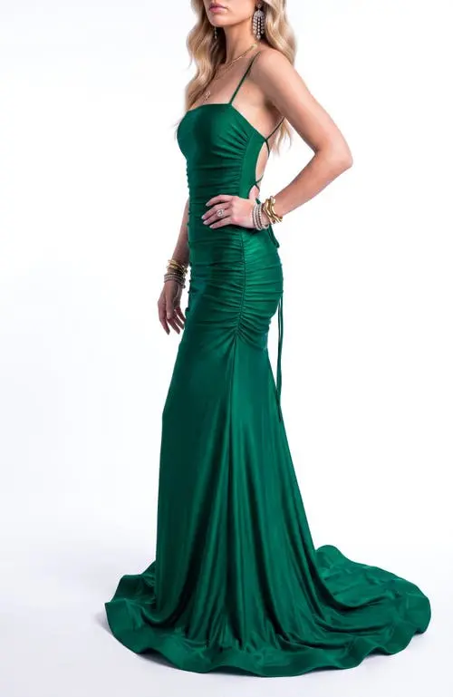 JESSICA ANGEL Ruched Lace-up Back Mermaid Evening Gown - Forest Green