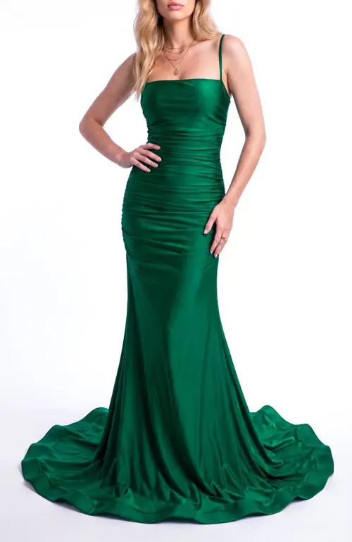 JESSICA ANGEL Ruched Lace-up Back Mermaid Evening Gown - Forest Green