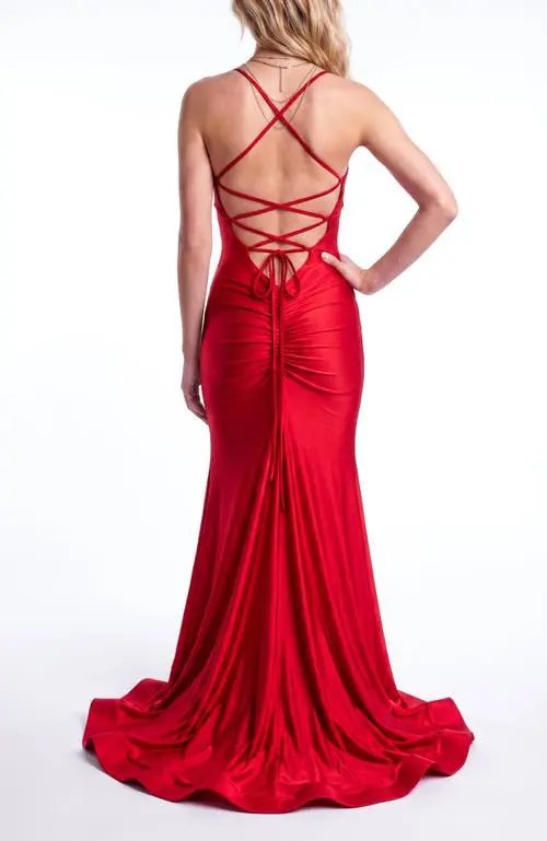 JESSICA ANGEL Ruched Lace-up Back Mermaid Evening Gown