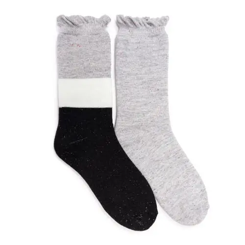 MUK LUKS 2 Pair Pack Ruffle Heat Retainer Crew Socks - Black/grey