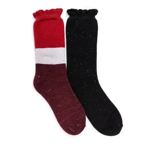 MUK LUKS 2 Pair Pack Ruffle Heat Retainer Crew Socks - Red/black