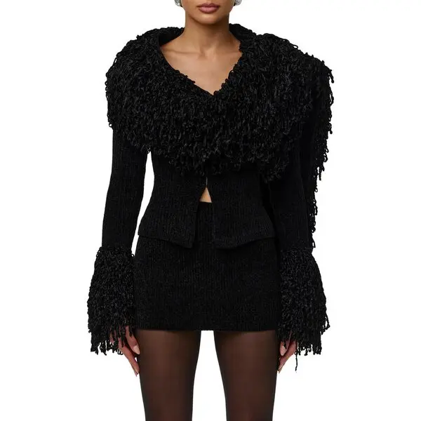 Naked Wardrobe Loop Fringe Ribbed Cardigan - Black