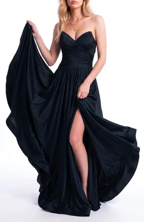 JESSICA ANGEL Strapless Ruched Sweetheart Side Slit Evening Gown - Black