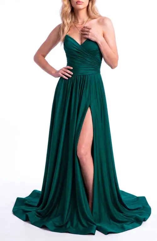 JESSICA ANGEL Strapless Ruched Sweetheart Side Slit Evening Gown - Forest Green
