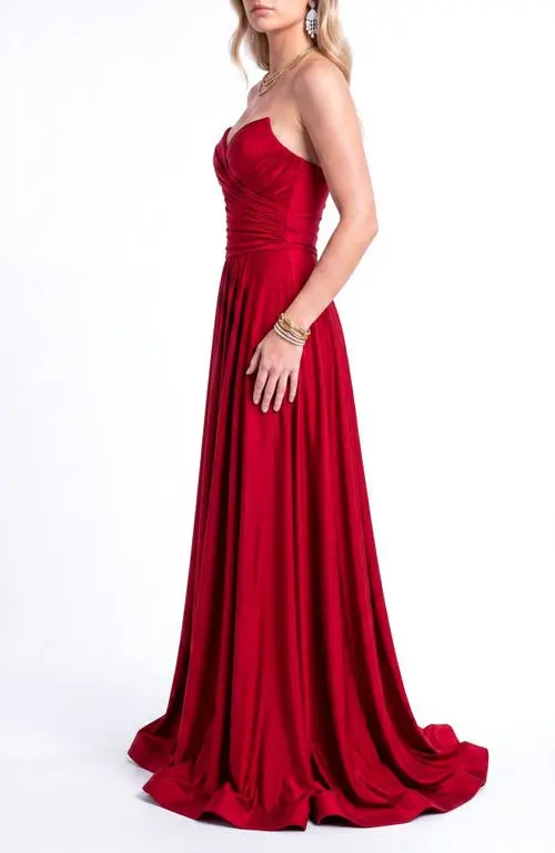 JESSICA ANGEL Strapless Ruched Sweetheart Side Slit Evening Gown - Red
