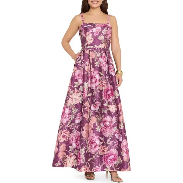 TAHARI ASL Floral Jacquard Sleeveless Satin Gown