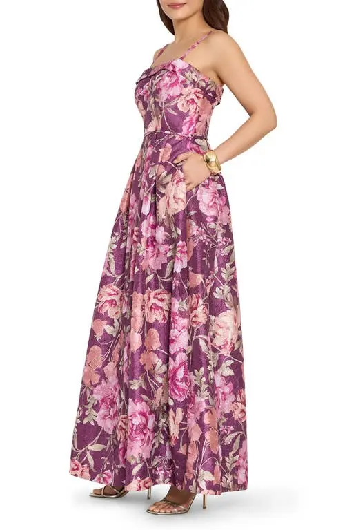 TAHARI ASL Floral Jacquard Sleeveless Satin Gown