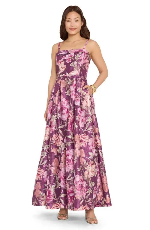 TAHARI ASL Floral Jacquard Sleeveless Satin Gown