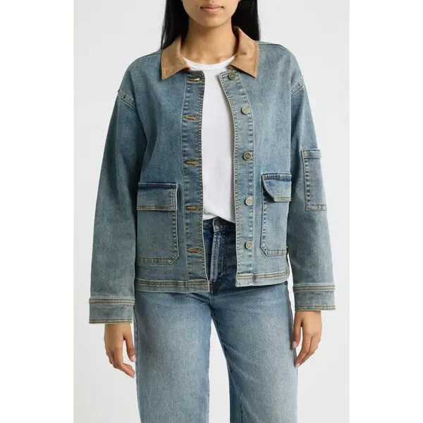 CITY BLUES Faux Suede Collar Denim Jacket - Indigo
