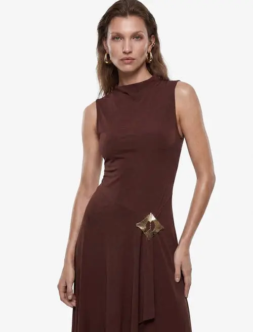Koton Sleeveless High Neck Draped Midi Dress With Accessory Detail