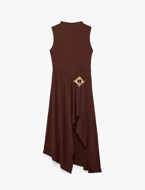 Koton Sleeveless High Neck Draped Midi Dress With Accessory Detail