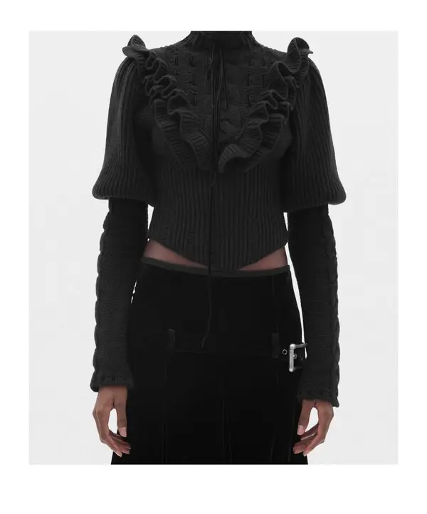 ANN DEMEULEMEESTER Ruffled-detail Cable-knit Sweater - Black