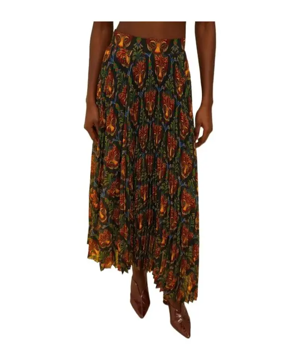 Farm Rio Pleated Print Midi Skirt - Brown