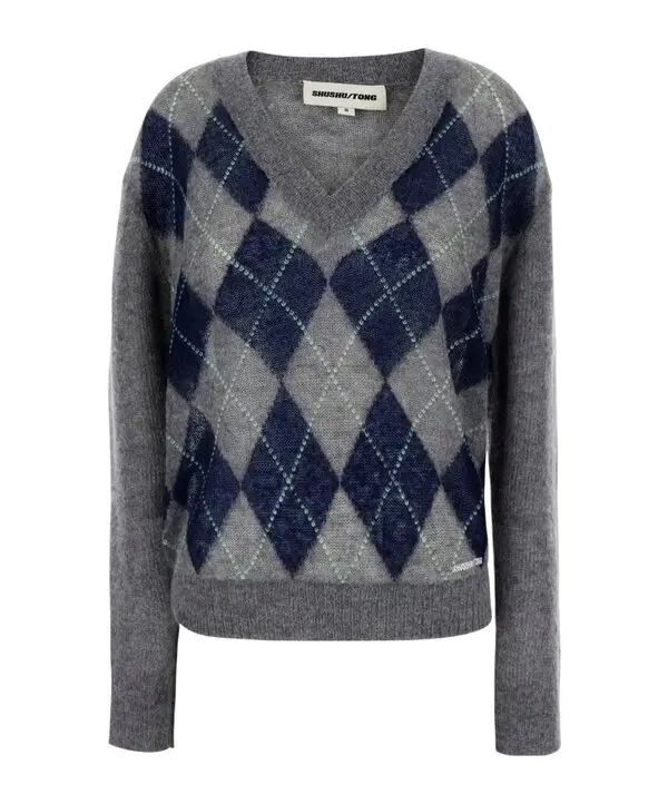 SHUSHU/TONG Argyle V-neck Knitted Sweater - Grey