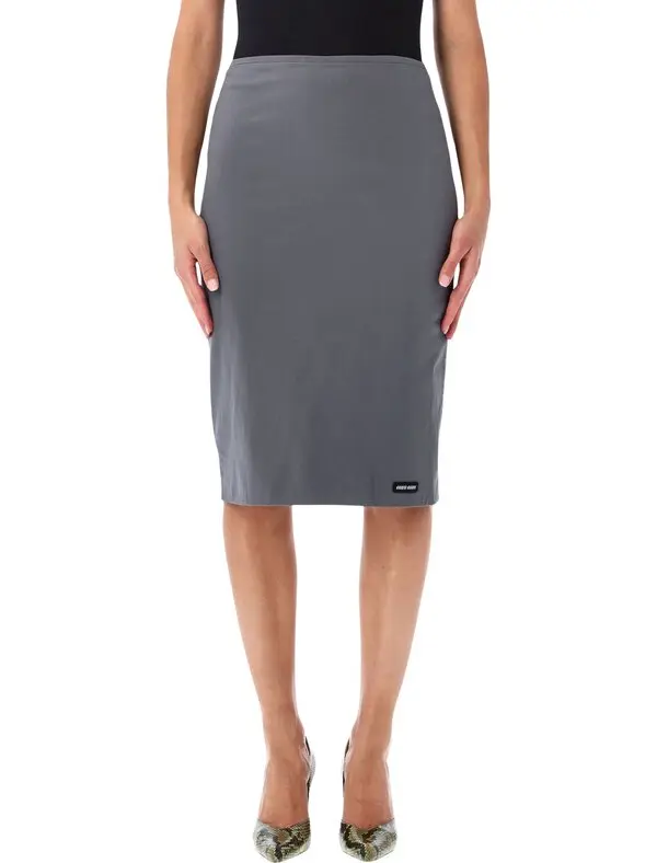 Miu Miu Washed Stretch Poplin Pencil Skirt With Knit Logo Patch - Iron Grey