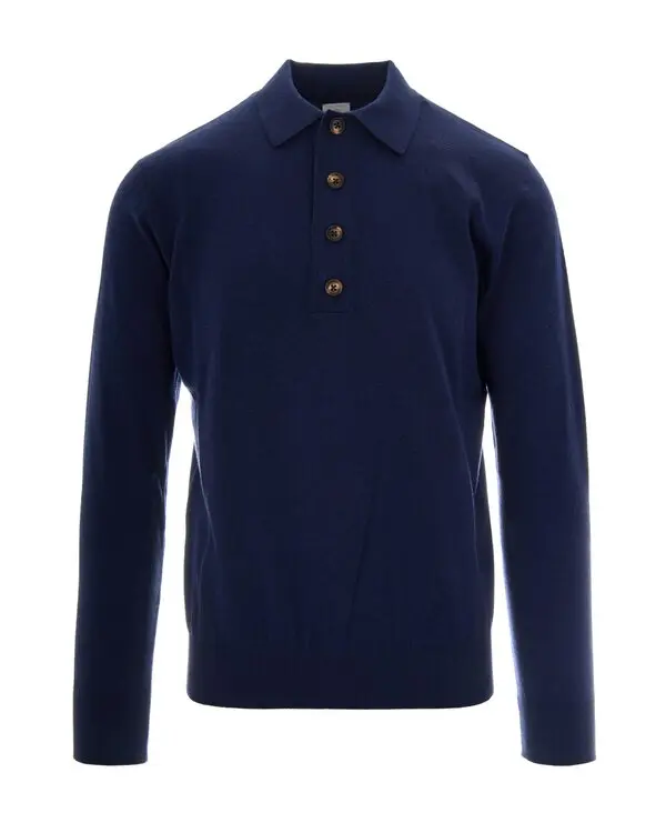 Eleventy Knit Long Sleeve Polo Shirt - Royal