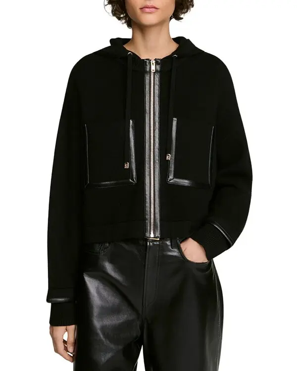 Sandro Arlo Hooded Leather Trim Cardigan