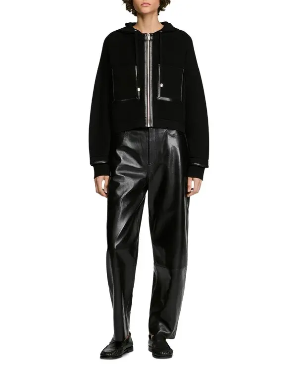Sandro Arlo Hooded Leather Trim Cardigan