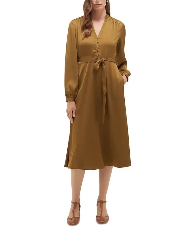 HOBBS LONDON Petites Katia Button Placket Tie Waist Dress - Khaki