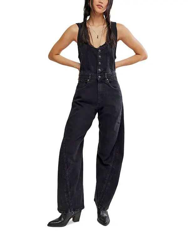 Free People Corsica Cotton Blend Tie Back Jumpsuit - Raven
