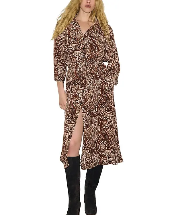 Gerard Darel Cyra V Neck Waist Tie Midi Shirt Dress - Caramel