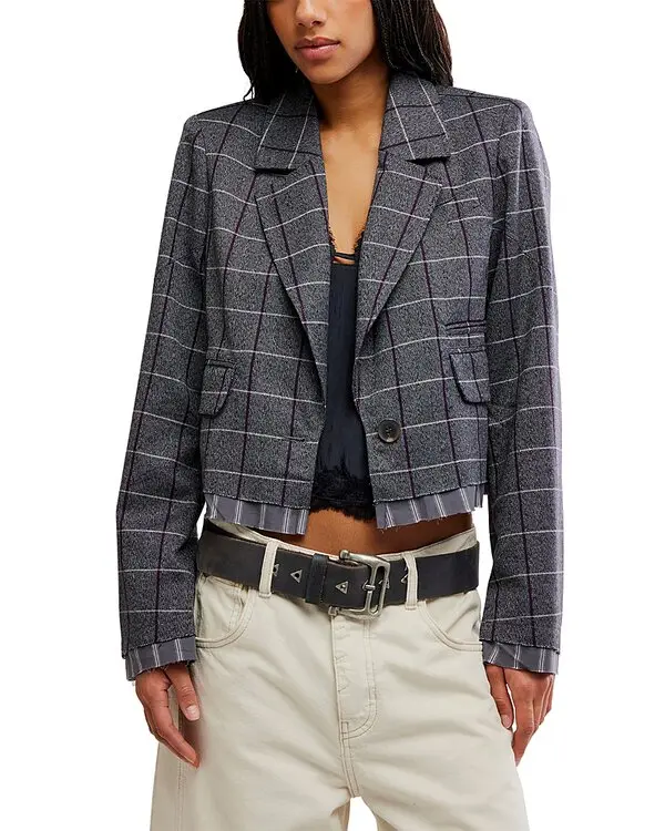 Free People Academia Windowpane Blazer - Charcoal