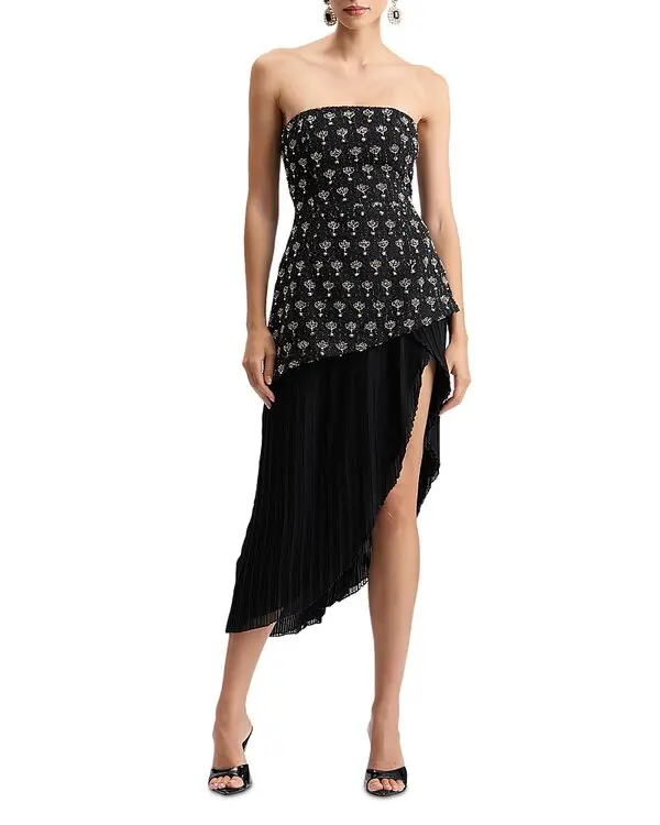Avec Les Filles Asymmetric High Low Pleated Combo Dress
