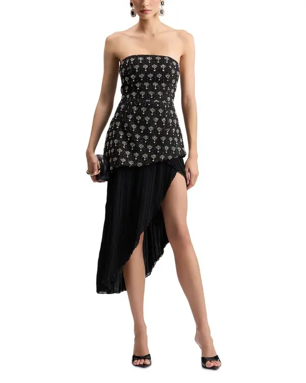 Avec Les Filles Asymmetric High Low Pleated Combo Dress