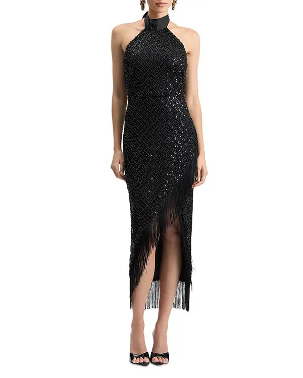 Avec Les Filles Embellished Fringe Hem Halter Midi Dress