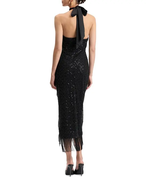 Avec Les Filles Embellished Fringe Hem Halter Midi Dress