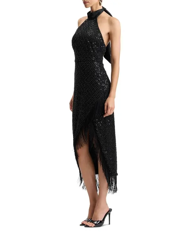 Avec Les Filles Embellished Fringe Hem Halter Midi Dress