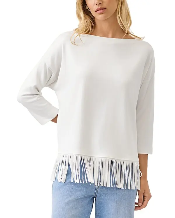 Karen Kane Boat Neck Fringe Trim Top - Cream