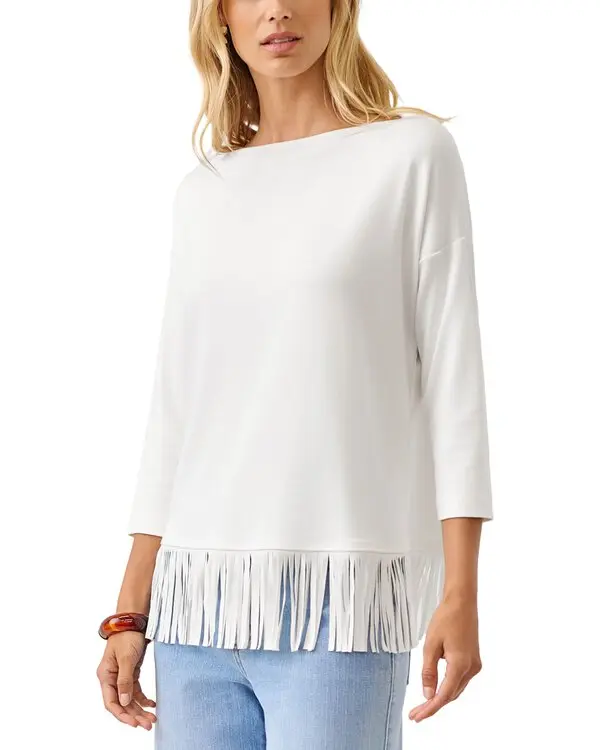 Karen Kane Boat Neck Fringe Trim Top - Cream