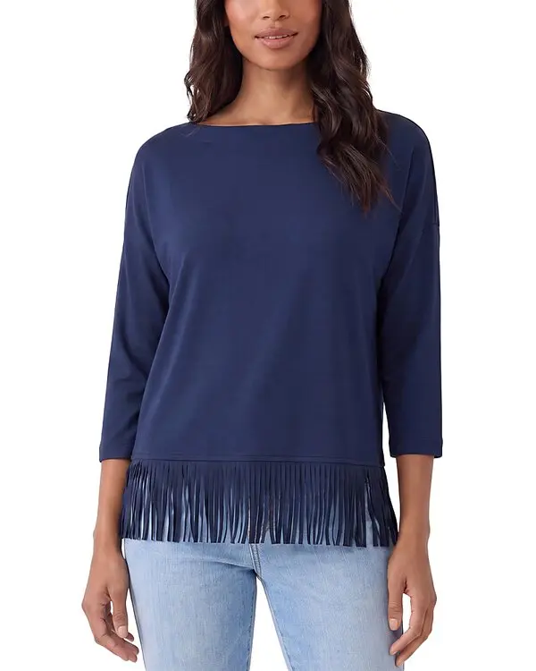 Karen Kane Boat Neck Fringe Trim Top - Navy
