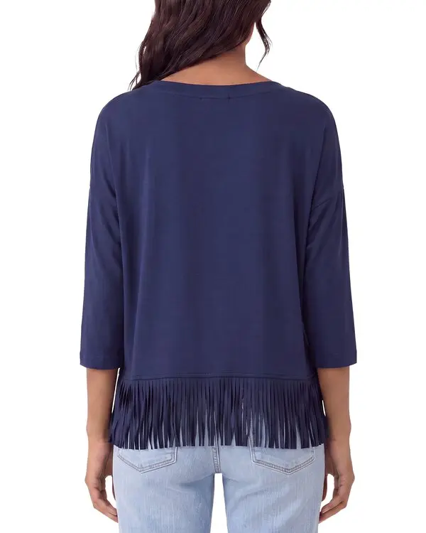 Karen Kane Boat Neck Fringe Trim Top - Navy